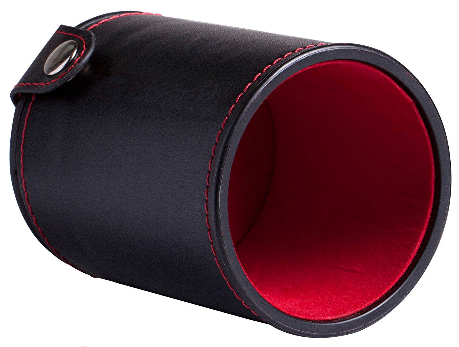 Set of Dice Cup with Storage Compartment Black PU Leather Red Felt Lined + (5) 16mm Tranparent Dice (Gift Boxed) (Smoke/Red)