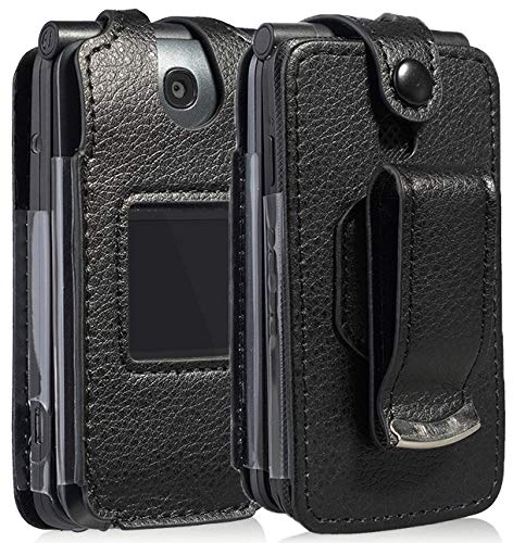 Case for Go Flip Phone, Nakedcellphone [Black Vegan Leather] Form-Fit Cover with [Built-in Screen Protection] and [Metal Belt Clip] for Alcatel Go Flip V, MyFlip, QuickFlip, AT&T Cingular Flip 2