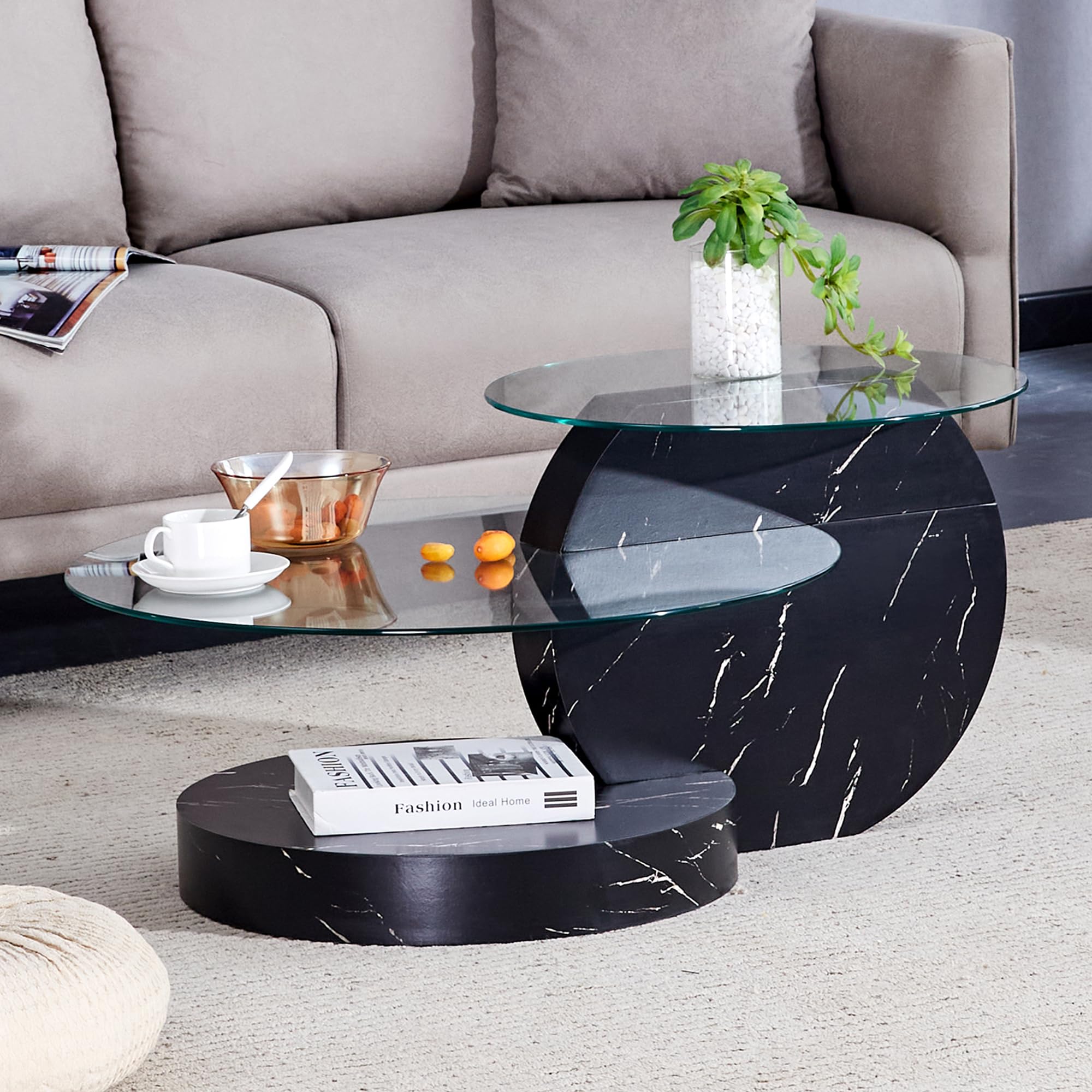 Glass Coffee Tables for Living Room Round Coffee Tables Modern Double Layer Round Table Circle Coffee Table for Small Space Home Office (35.4 Inch Black)