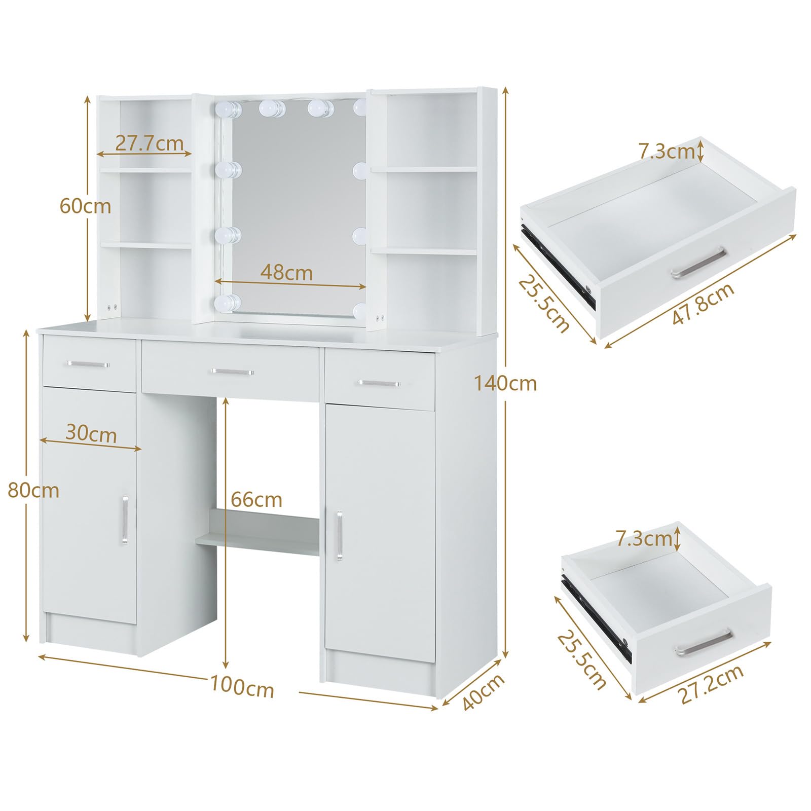Caulitar Vanity Desk with Mirror and Lights-3 Color and Brightness Adjustable, Vanity Set with Drawers and Chair, White Makeup Vanity Table for Girls