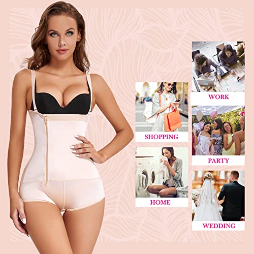 Nebility Bodysuit for Women Slim Waist Trainer with Full Body Zipper Latex Shapewear with Open Bust Corset (Medium,Beige)