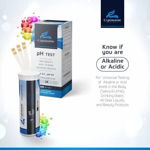 Exposome BioSciences pH Test Strips.(100 Pack).Universal Tests for Alkaline or Acid Levels in Body(Saliva & Urine),Drinking Water,Clear Liquids,Beauty Products. Statistically Significant Test Results.