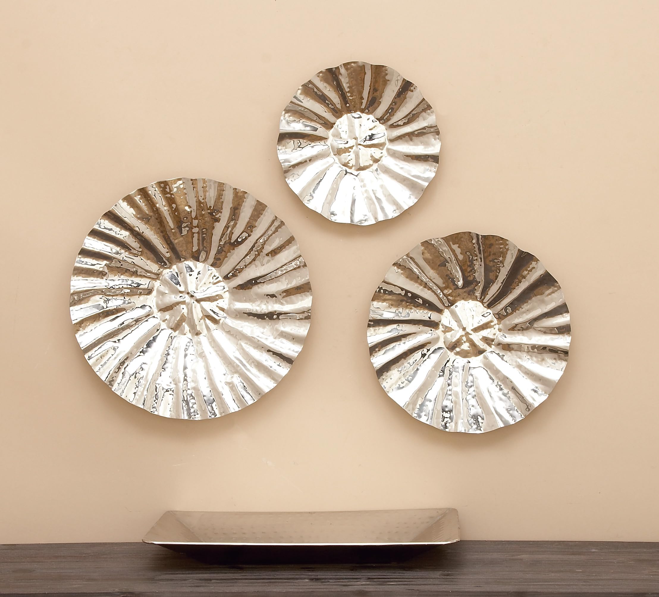 Deco 79 Stainless Steel Plate Wall Decor with Hammered Designs, Set of 3 17", 14", 11"W, Silver