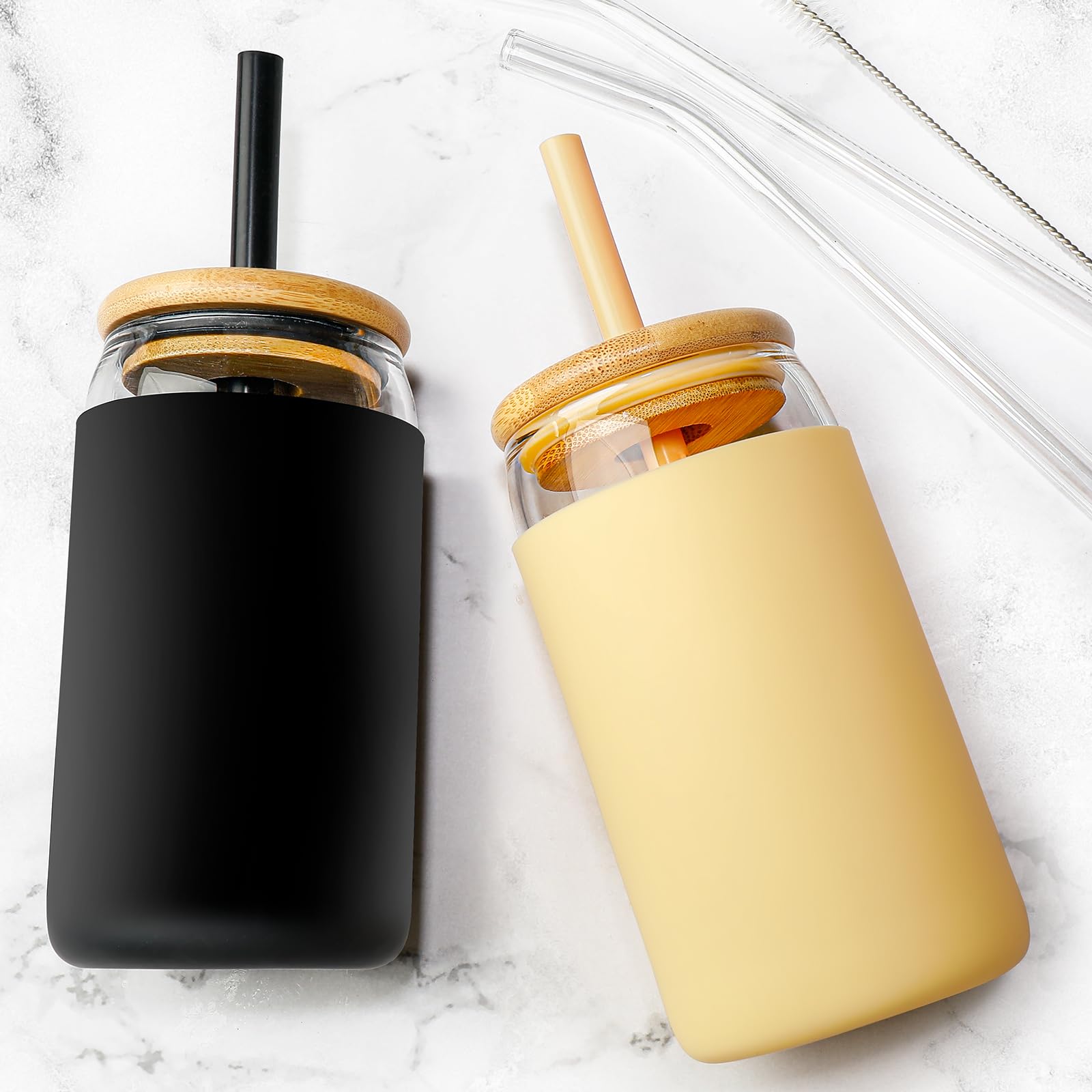 Glass Cups with Lids and Straws 2 pcs, Glass Cups with Silicone Protective Sleeve-16 oz Iced Coffee Cups with Lidsļ¼Glass Coffee Cups for Beer, Tea, Gift Giving