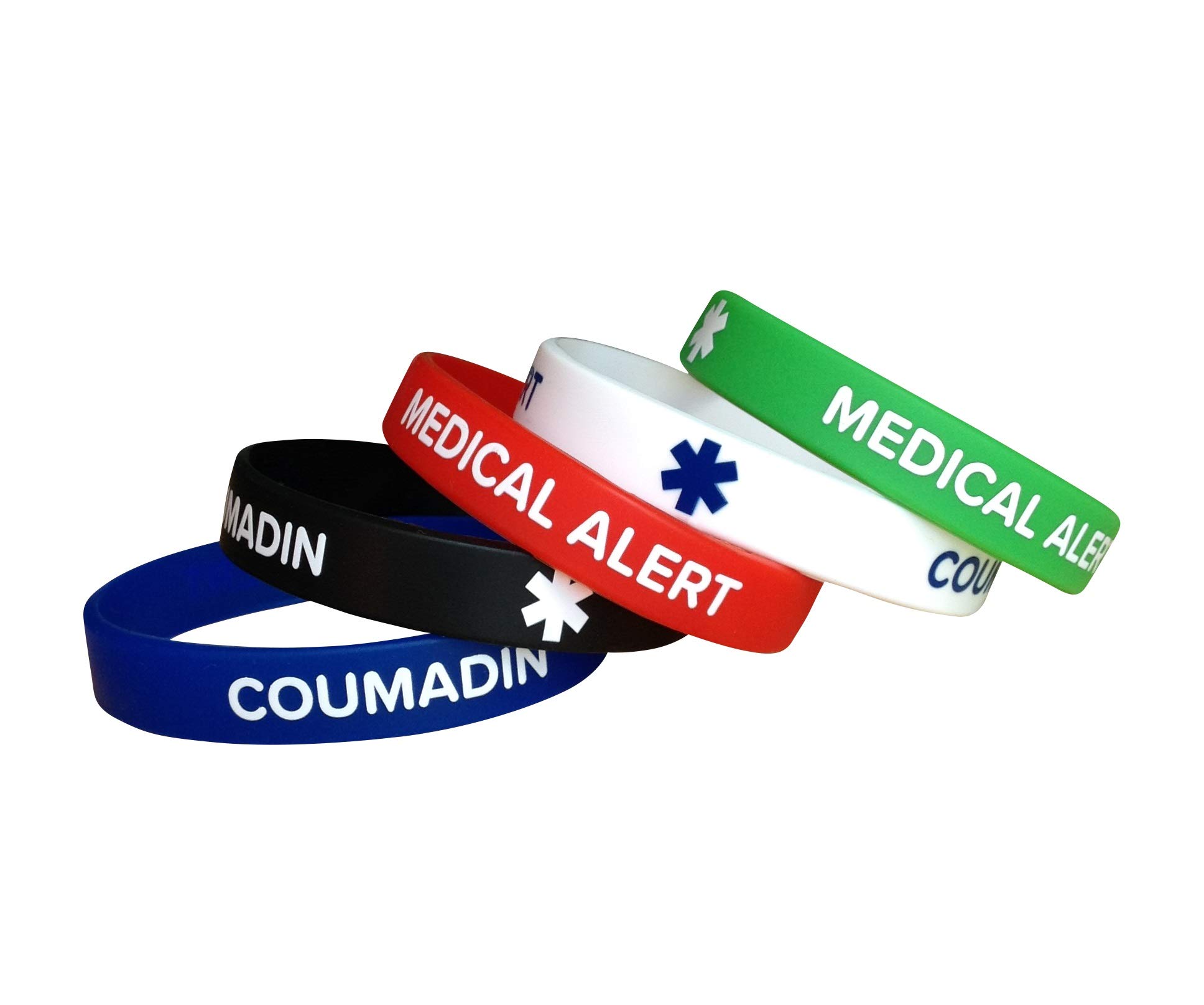 Coumadin Silicone Bracelets Medical Alert (5 Pack) Wristbands Adult Size for Men Women 7.8"