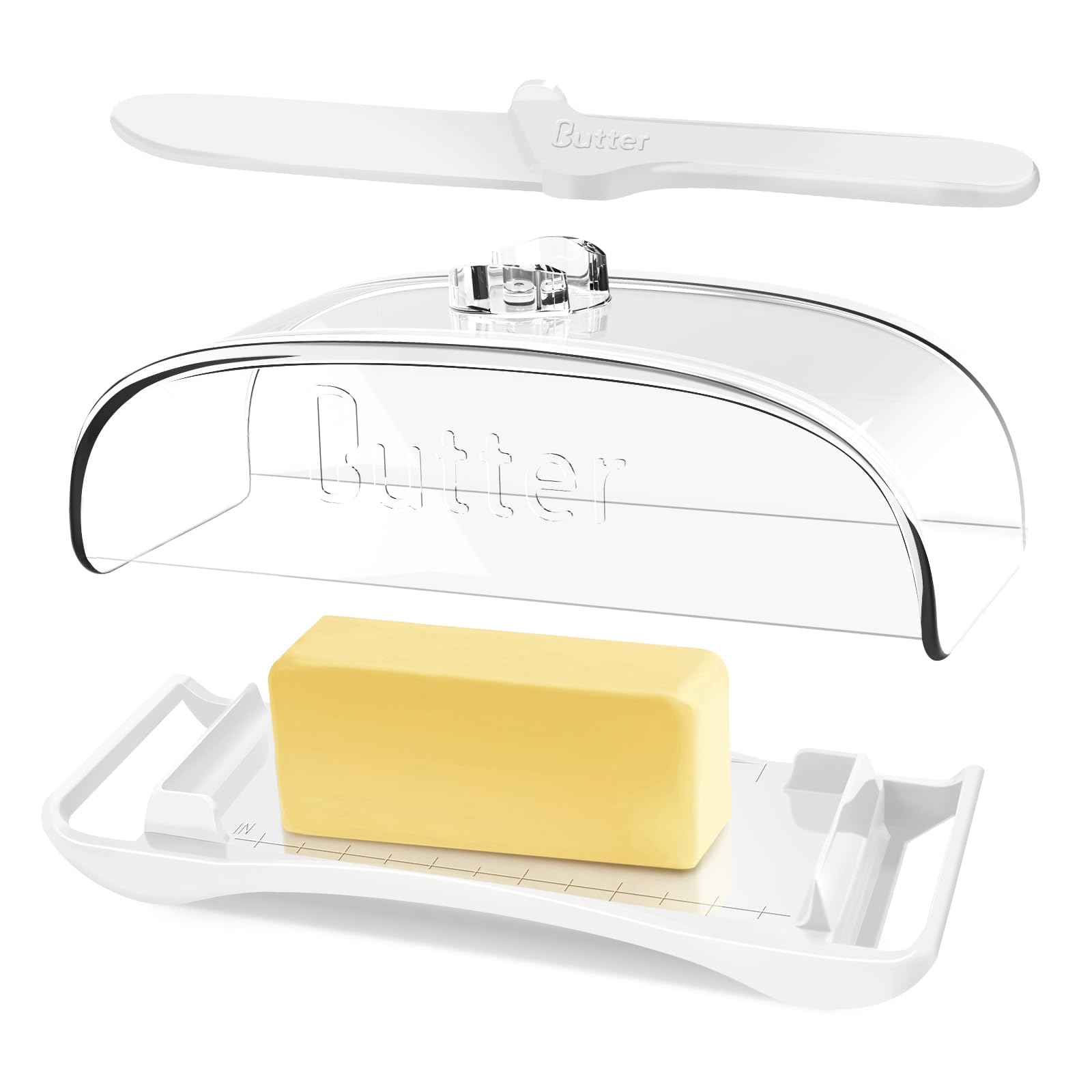 Cnsndqedke Butter Dish with Lid and Knife, Plastic Butter Keeper/Container for Countertop, Easy Scoop, No Mess Lid, BPA-Free, Dishwasher & Refrigerator Safe, Ideal for Home and Camping - White