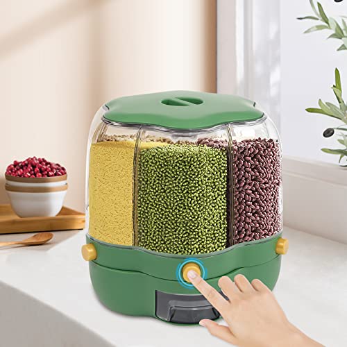 Grain Dispenser, 360° Rotating Rice Dispenser Storage Container, 6-Compartment Dry Food Dispenser, Food Storage Containers for Kitchen Small Grains, Beans, Rice