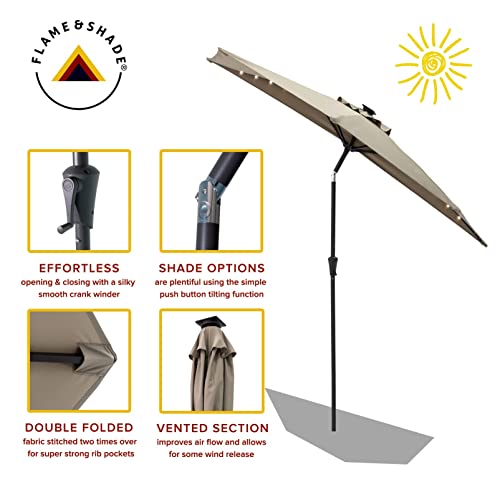FLAME&SHADE 9 ft Half Round Solar Powered Outdoor Market Patio Table Umbrella for Wall Balcony with LED Lights and Tilt, Taupe