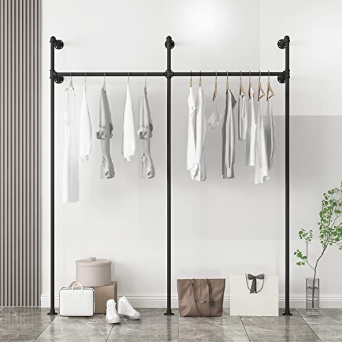 LANJIN Industrial Pipe Clothing Rack On Wall,Moden Wall Mounted Closet Storage Rack,Hanging Clothes Retail Display Rack,Heavy Duty Steampunk Garment Racks,Black & Double A