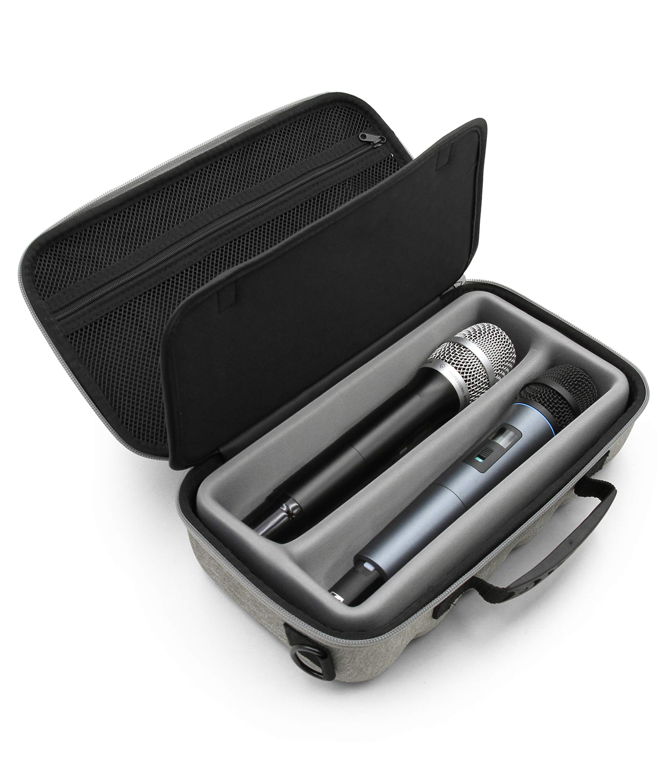 CASEMATIX Dual Wireless Microphone Case for Wireless Mic System Compatible with Sennhesier, Shure Microphones and More, Dual Mic Bag with Shoulder Strap and Hard Shell Gray Exterior