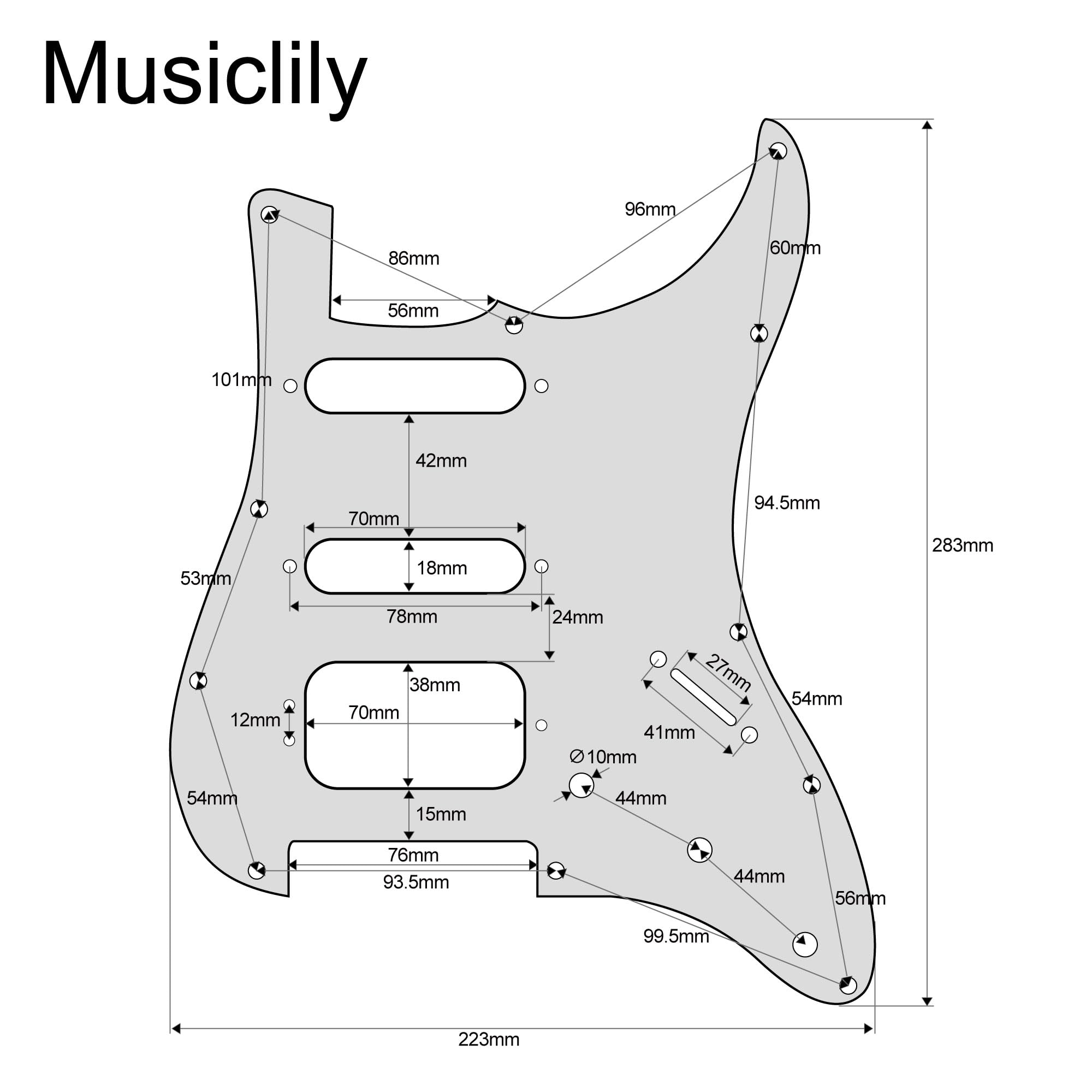 Musiclily Pro 11-Hole Round Corner HSS Guitar Strat Pickguard for USA/Mexican Stratocaster 3-screw Humbucking Mounting Open Pickup, 3Ply White