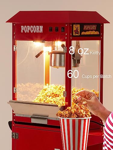 Garvee Commercial Popcorn Machine with Stand - Professional Cart Popcorn Maker Machine With 8 Oz Kettle Makes Up to 60 Cups, With Lockers for Home Movie Theater Style 34.3 * 19.3 * 31 inches