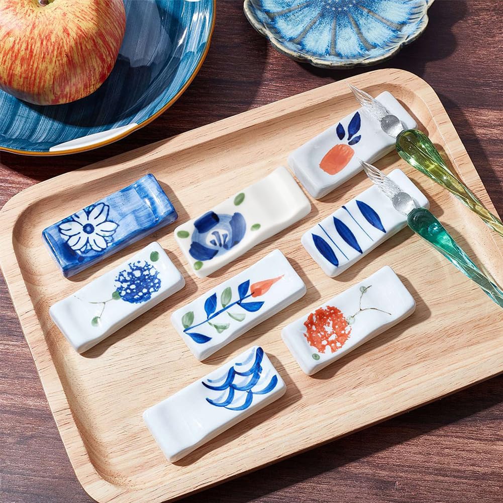 CRASPIRE 8pcs Ceramic Chopsticks Rest Rack Hand Painted Japanese Chopstick Rests & Holders Floral Chopstick Stand Rest Set Festive Tableware Ornament for Spoon Fork Porcelain Dip Pen Holder