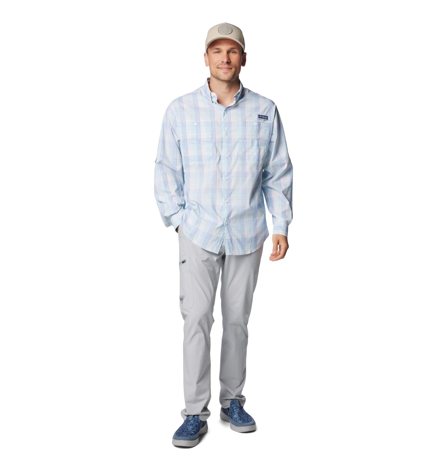 Columbia Men's Super Tamiami Long Sleeve Shirt, Vivid Blue Multi Gingham, Large