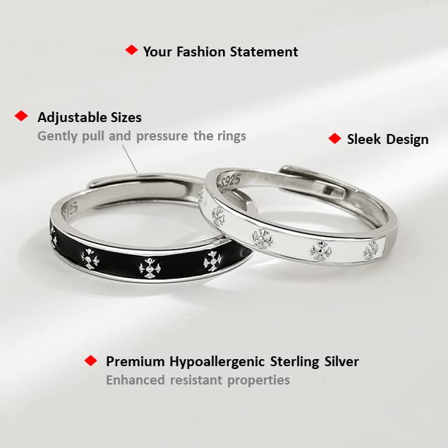 Cathay Select [New] Sterling Silver Couple Rings Set, Adjustable, For Him and Her Wedding Promise Love Rings, Black and White