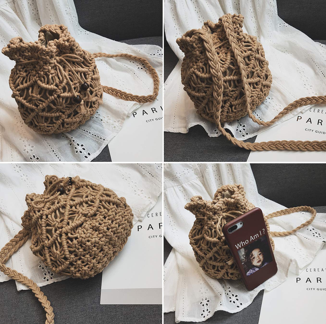 Nice Pies Womens Drawstring Crossbody Bag Beach Handwoven Purse Small Straw bucket bag retro woven hollow Messenger bag