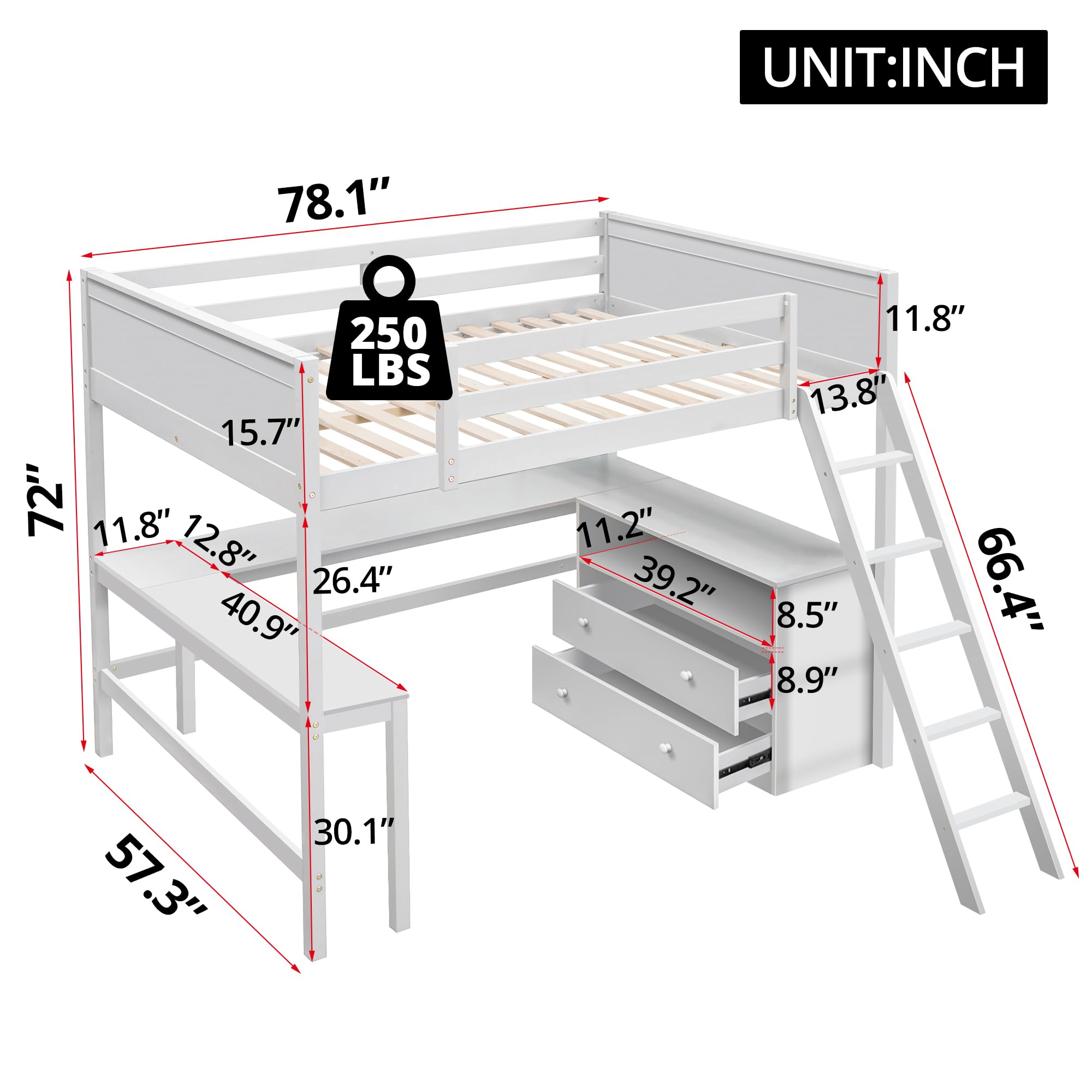 Full Loft Bed with Desk Underneath, Storage Shelves and 2 Drawers, Solid Wood Full Size Loft Bed Frame with Guardrails & Ladder for Girls Boys Junior Adults, Space-Saving, White