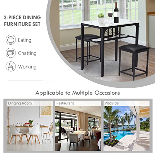 Kinfant 3 Pcs Bar Dining Table and Chairs Set with Faux Marble Tabletop - 2 Chairs, Contemporary Dining Table Set with Wine Rack for Home, Hotel, Dining Room, Kitchen or Bar, White & Black