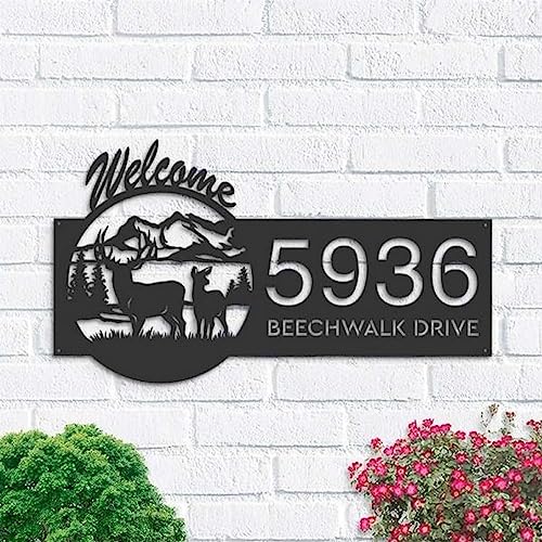 Personalized Couple Deer Mountain Scene Wildlife Welcome Address Sign House Number Plaque Custom Metal Sign 8x8 inches Black Power Coated Home Outdoor Decor Housewarming Gifts