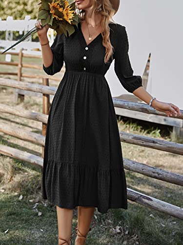 OYOANGLE Women's Swiss Dot Lace Fake Button 3/4 Lantern Sleeve Ruffle Hem V Neck A Line Flowy Midi Dress Black M