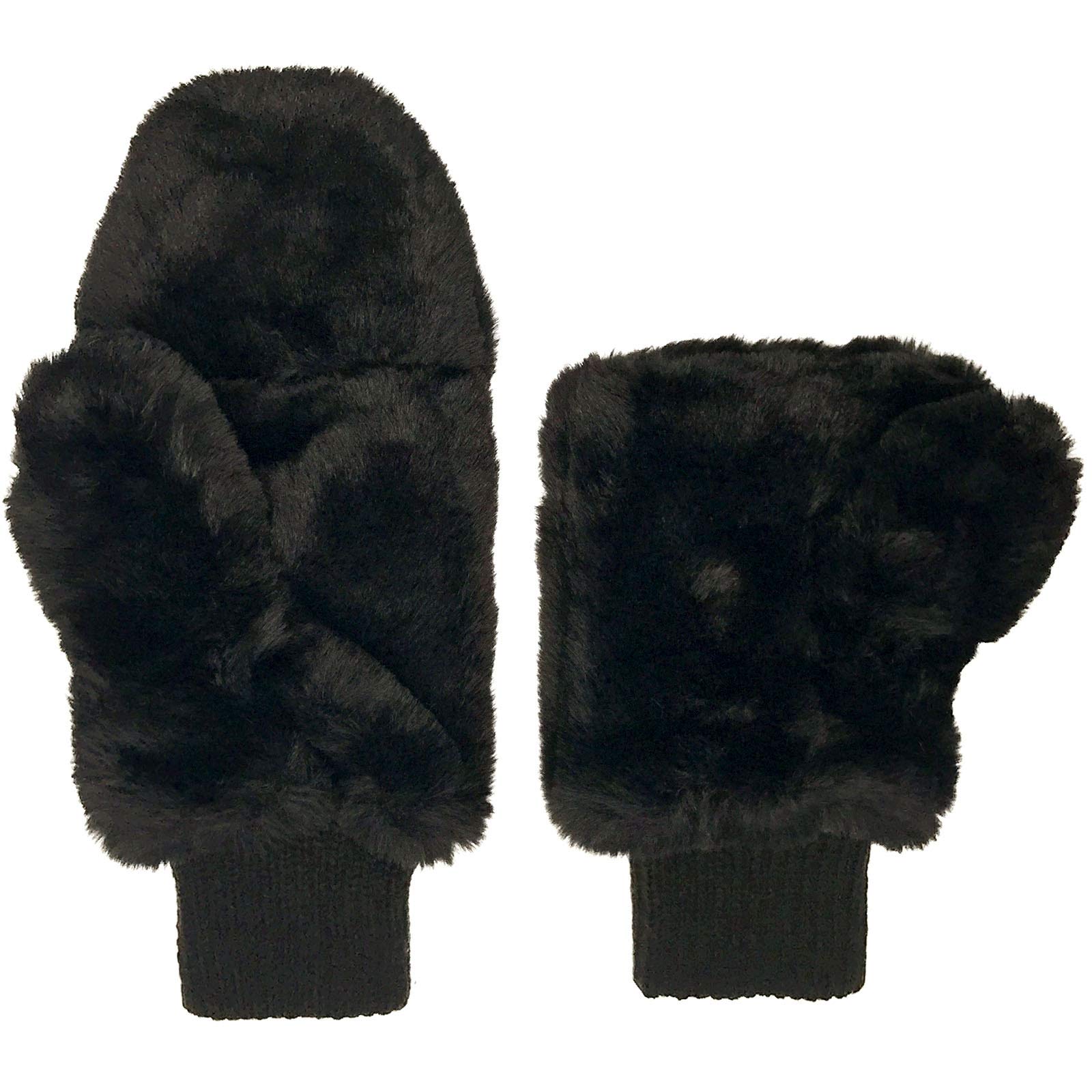 CC Soft Faux Fur Fuzzy Lined Flip Up Down Top Fingerless Mitten Gloves (Solid Black)