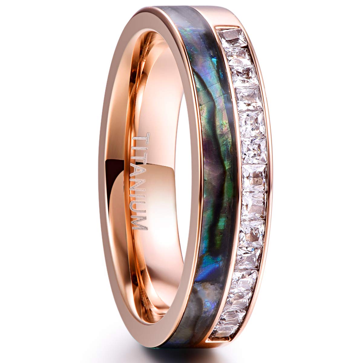 Cloyo Women's Rose Gold Wedding Ring 6mm Stainless Steel Abalone Shell and Square Zircon Inlay Engagement Band Rings Size 9.5