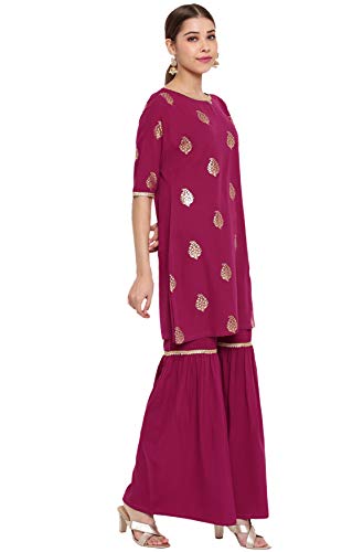 Janasya Indian Women's Magenta Poly Crepe Kurti With Sharara And Dupatta(SET250-KR-SHA-M)