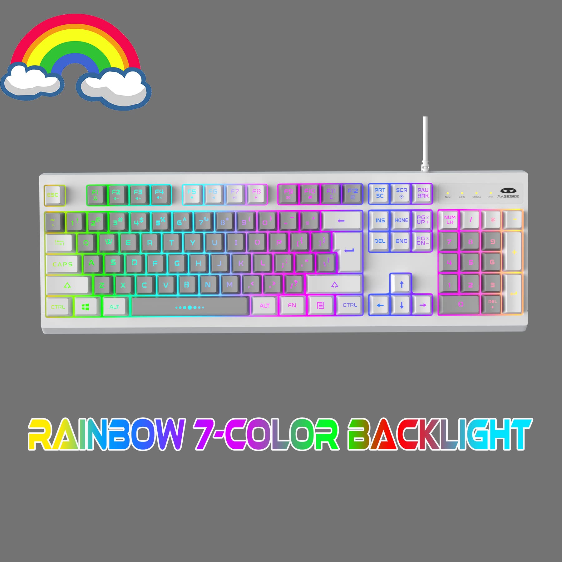 Camiysn Mute Gaming Keyboard, 7 Colorful Rainbow Backlight Classic Armor 104Keys Gaming Keyboard with Waterproof Gaming Keyboard for PC/Laptop - Grey White