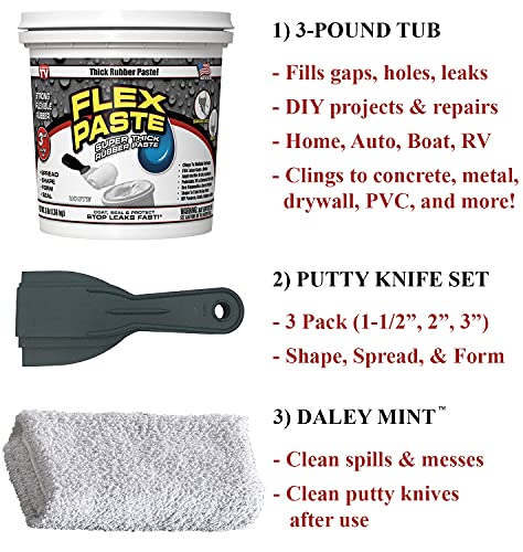Flex Seal White Flex Paste, 3lb - Crack Repair Bundle with Putty Knife Set + Daley Mint Cleaning Towel | Quickly Fills Gaps, Holes, Leaks