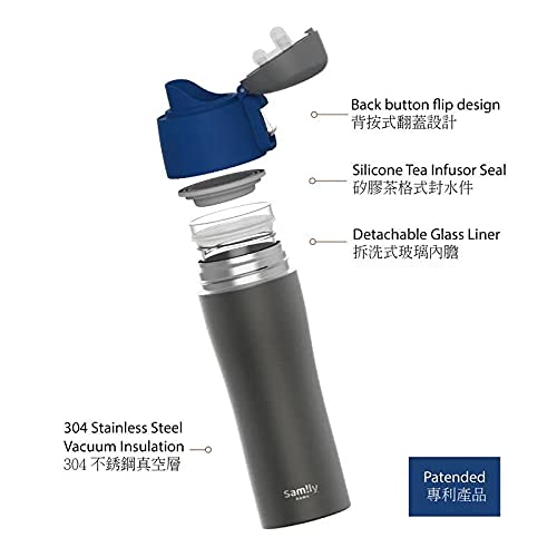 DEDEYA Samily 16oz/473ml Stainless Steel Vacuum Insulated Glass Bottle featured with an easy open flip-top cap, with glass liner inside. keep beverage hot or cold for hours.(Navy Lid )