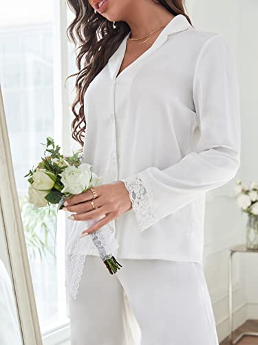 OYOANGLE Women's 2 Piece Silk Satin Pajama Set Long Sleeve Lace Button Down Shirt and Pants Sleepwear White L
