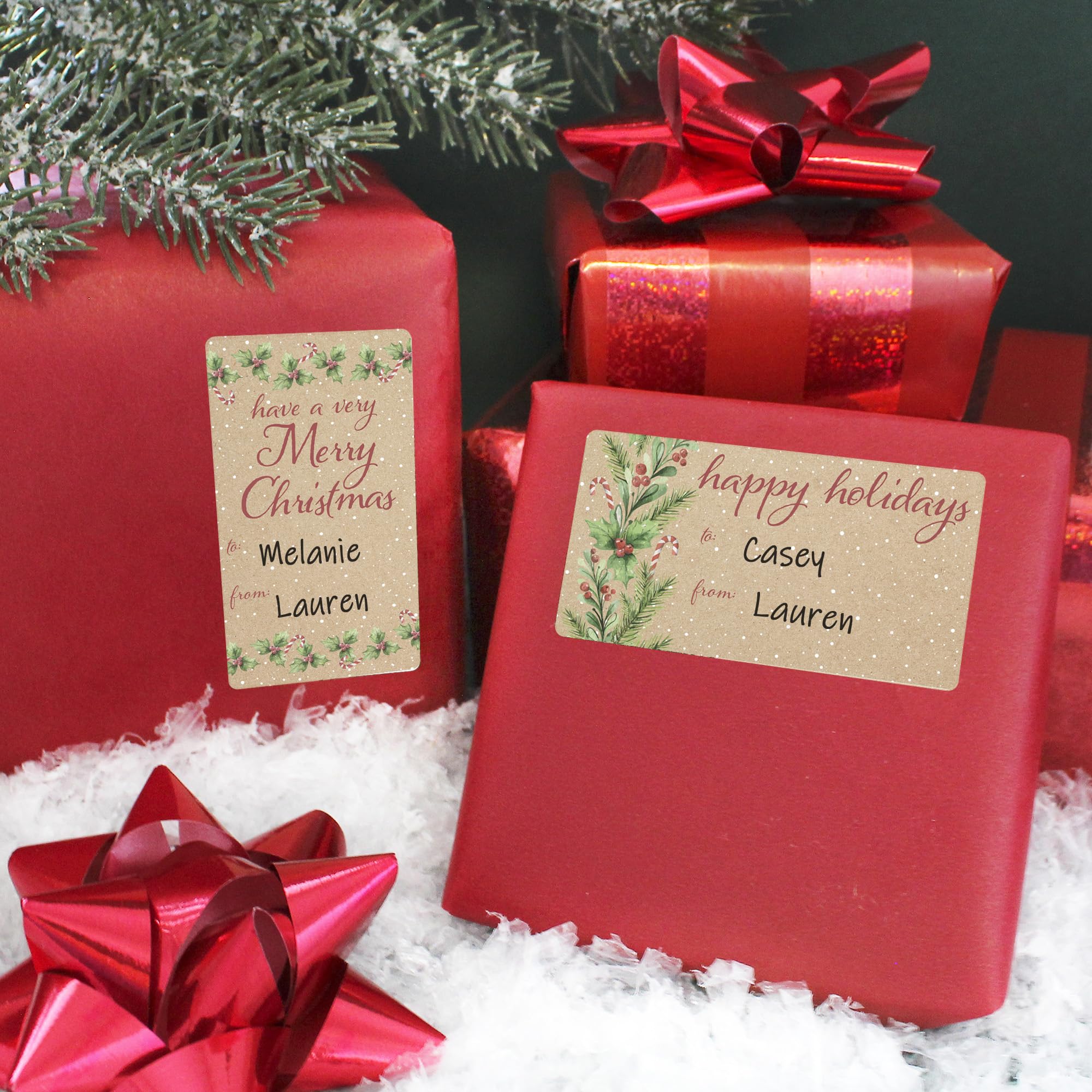 Greenery Christmas Gift Tags, Self-Adhesive Holiday Gift Wrap Tags on Kraft, Peel and Stick Christmas Gift Tags - 75 Count