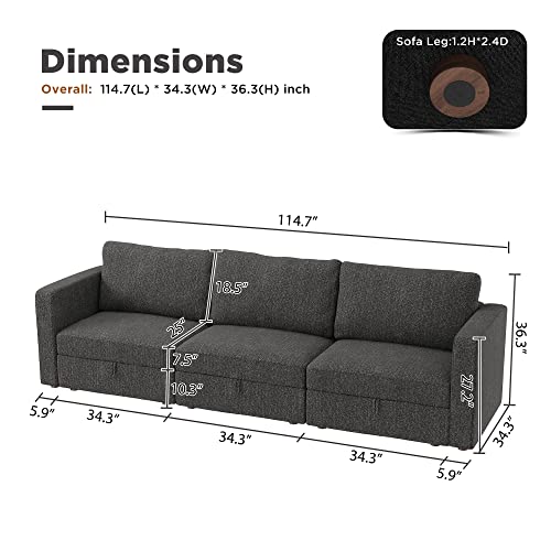 HONBAY Oversized Modular Sofa with Storage Seats Modular 3 Seater Couch with Wide & Deep Seat, Dark Grey