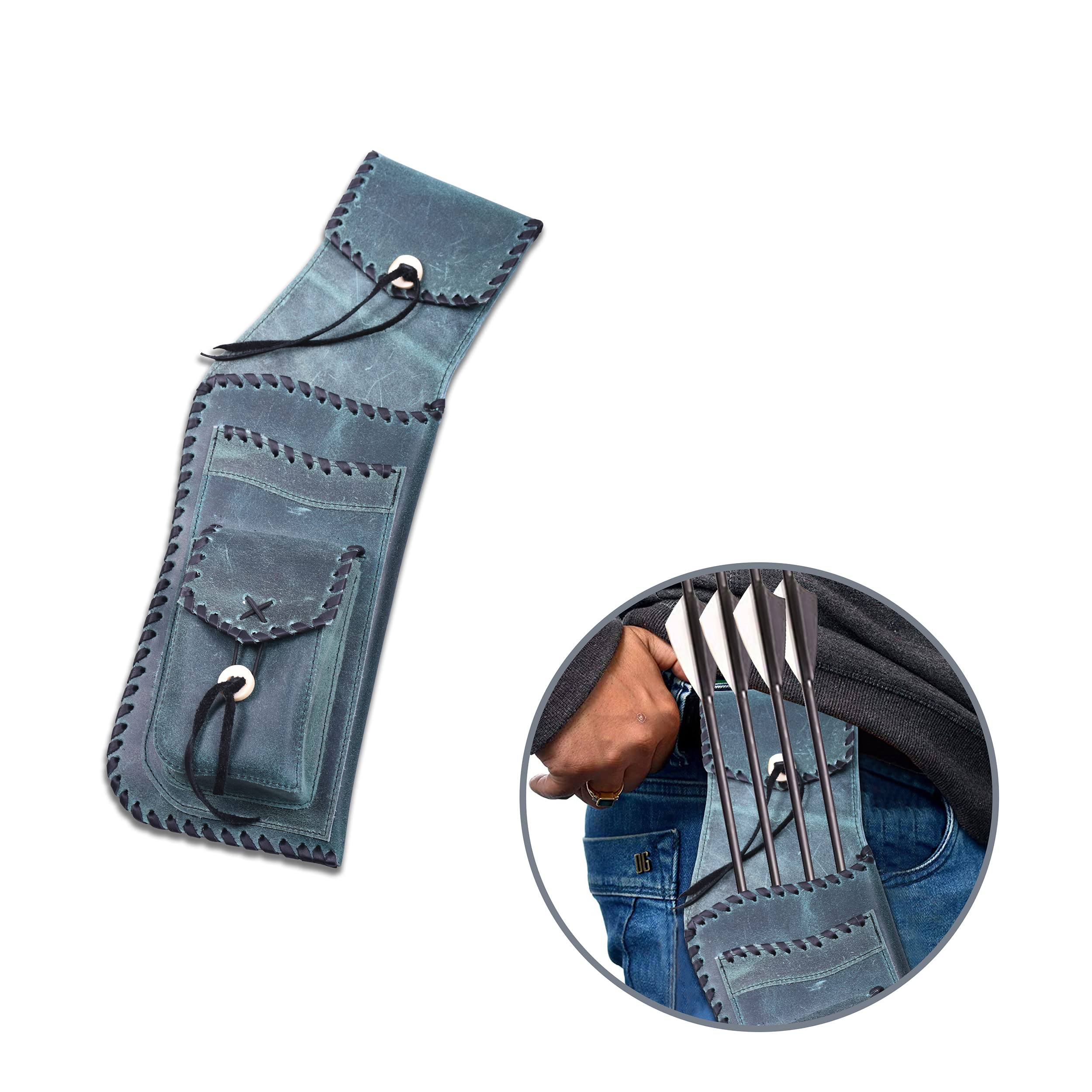 ClubCorp Genuine Cow Hide Leather Handmade Side/Hip Quiver Leather Arrow Holder for Youth Adjustable Quivers for Bow Hunting & Archery Sports (Right Side, Warango-2, Black/Blue)