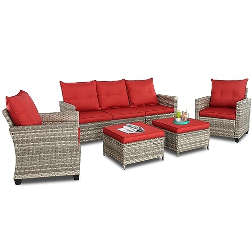HTTH Patio Furniture Sets PE Rattan Wicker Outdoor Conversation Set Patio Sectional Sets Patio Sofa Couch Set with 2 Ottomans for Porch, Balcony, Lawn (Gray-Red)
