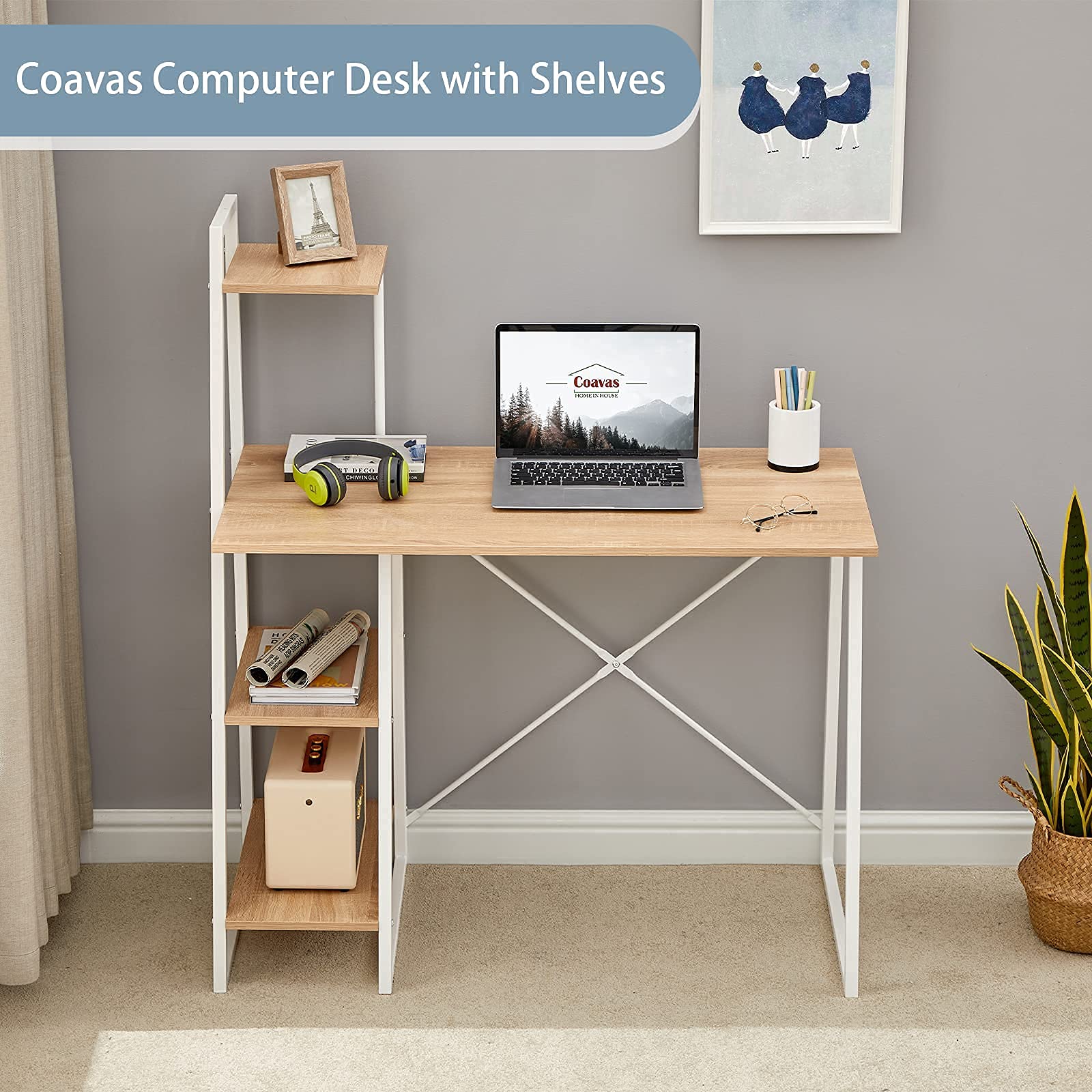 Coavas Office Desk Computer-Desk with Shelves 40" Small Desk with Shelves Study Table Desk with Bookshelf for Home Office, Beech