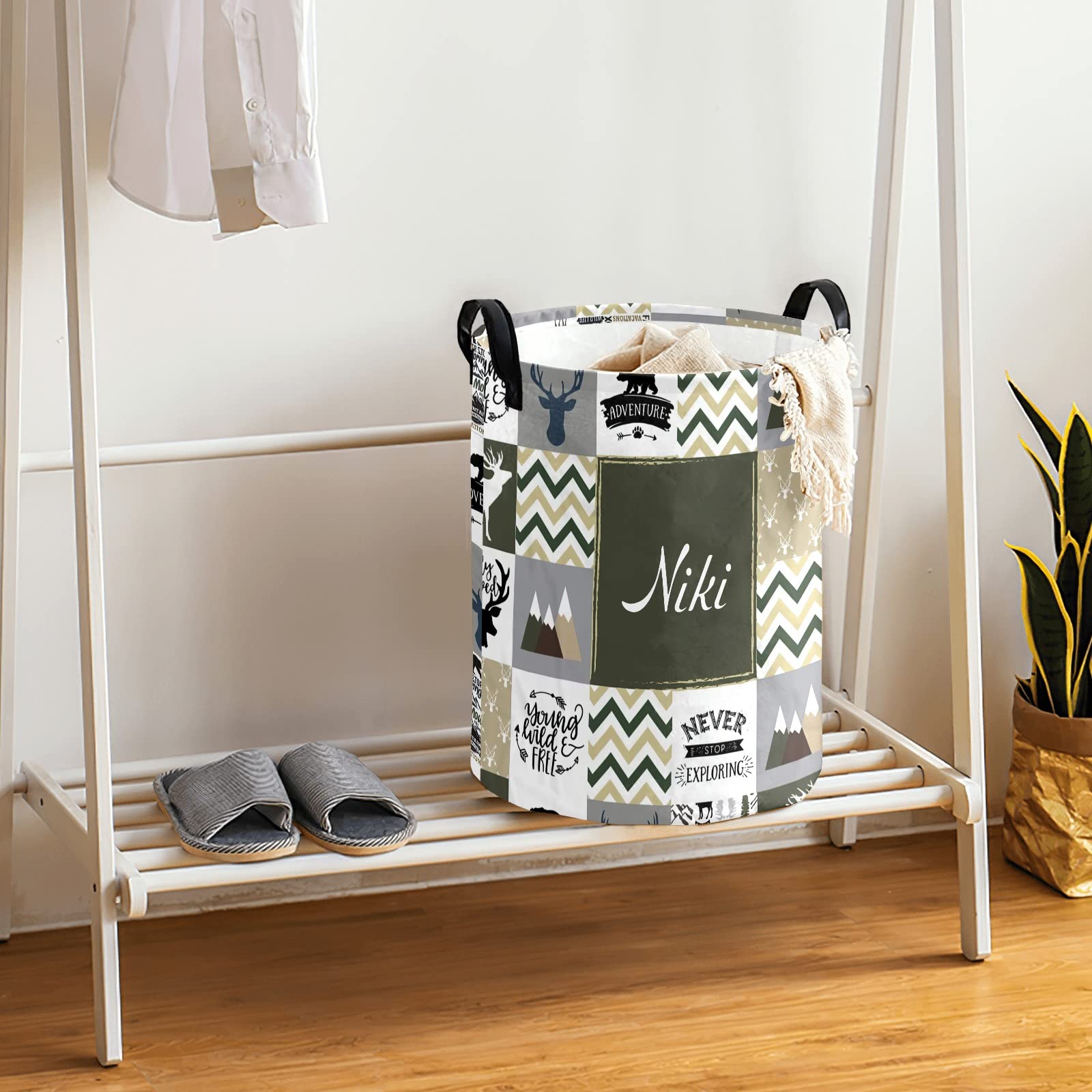 Camo Woodland Animals Laundry Basket Personalized with Name Laundry Hamper with Handle Clothes Bag Bin for Bedroom Baskets