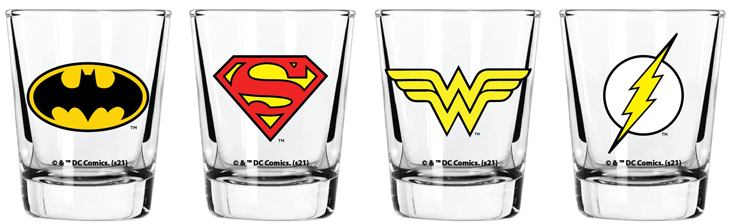 DC Comics Justice League Shot Glass Set - 2 oz. Capacity - Set of 4 Shot Glasses - Superman, Batman, Wonder Woman, Flash Clear
