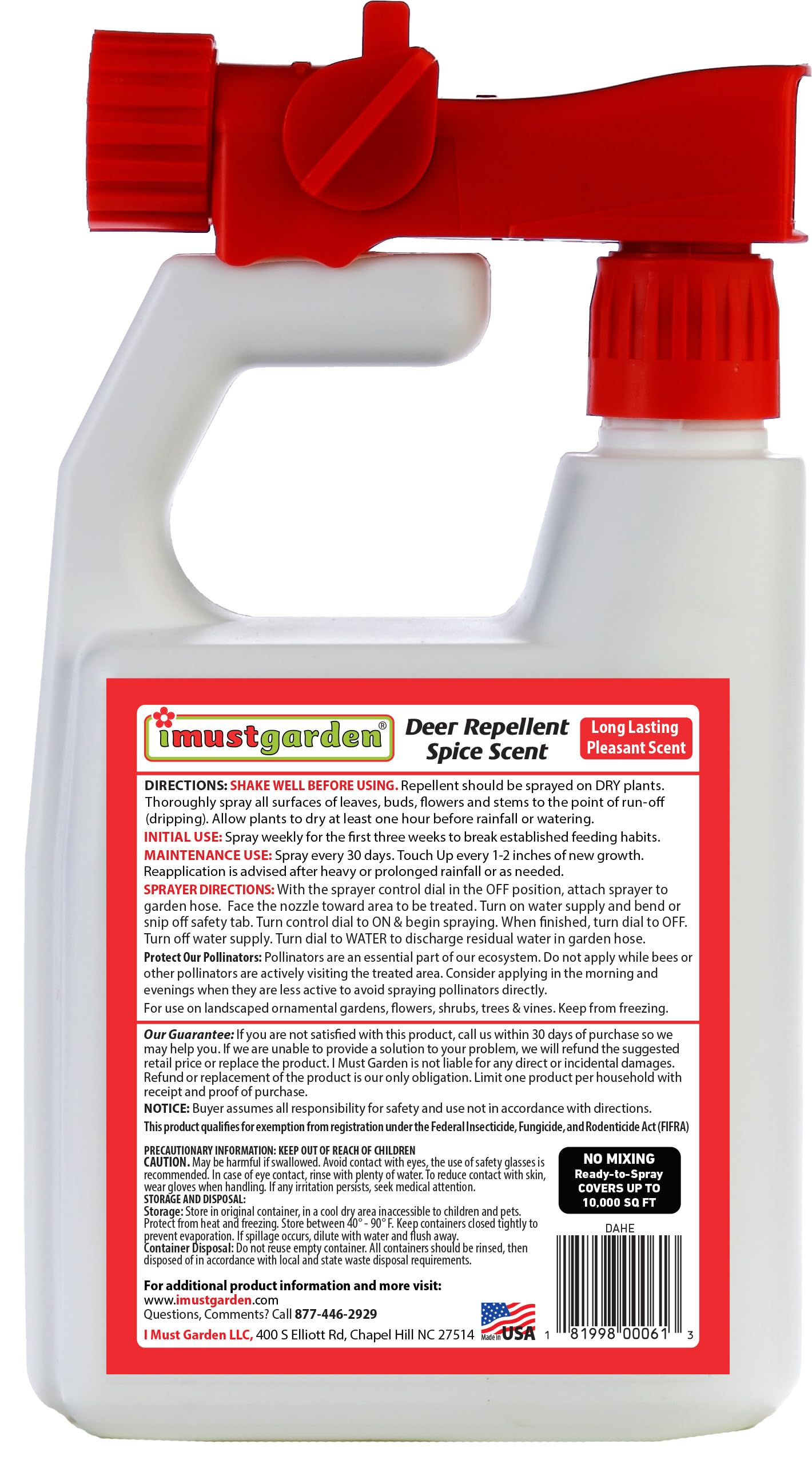 I Must Garden Deer Repellent Hose-End Concentrate: Spice Scent Deer Spray for Gardens, Plants, and Trees β 32oz Covers 10,000 sq. ft.