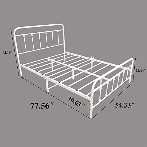 Kefair Full Size Metal Bed Frame with Headboard, Iron Mattress Foundation No Box Spring Needed,10.6 Inch Under Bed Storage, Noise Free, Easy Set Up(White