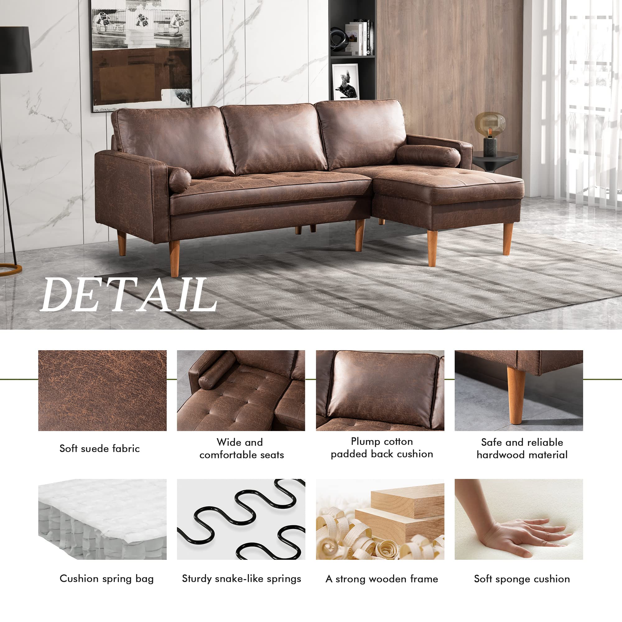 HOOOWOOO 83" Small L Shaped Sofa Couch,Mid Century Modern Tufted Sofa with Right Chaise for Small Living Room Apartment Office,Brown Faux Suede