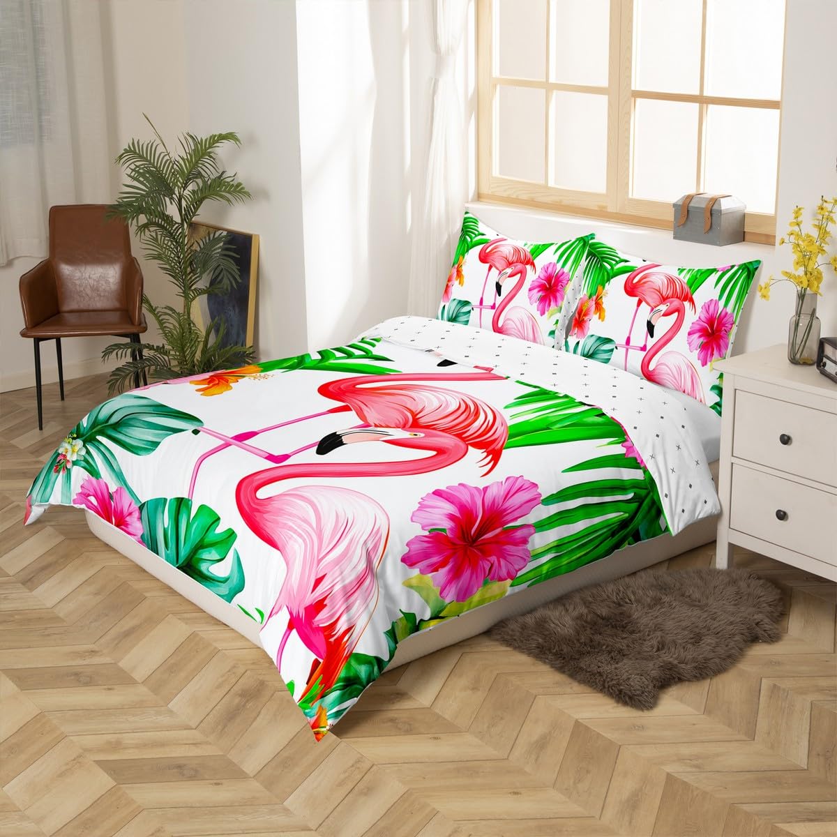 Pink Flamingo Bedding Set Palm Leaves Printed Decor Duvet Cover Full Size Tropical Green Plants Floral Pattern Natural Theme Soft Comforter Cover with Zipper Ties,1 Duvet Cover with 2 Pillow Cases