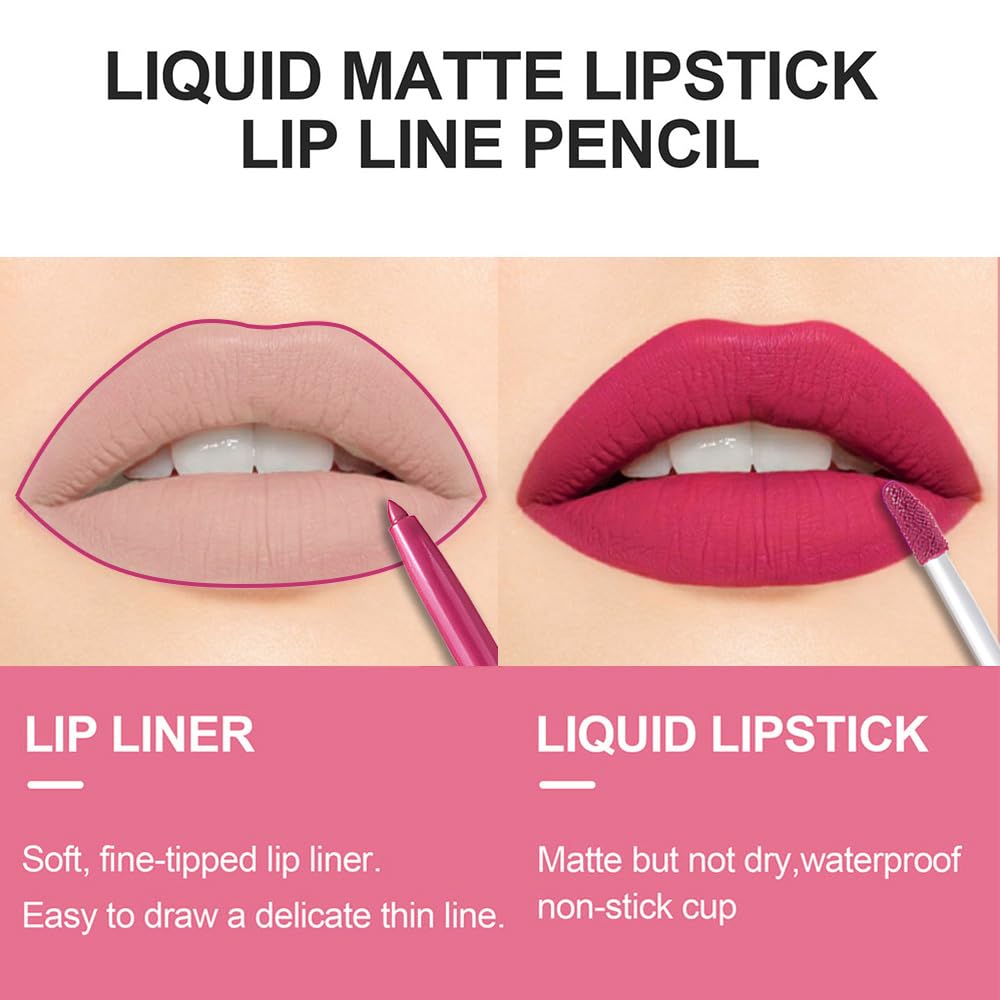 evpct 2Pcs Ruby Red Berry Matte Lip Liner and Lipstick Combo DNM Red Lip Gloss Stains Pencil Makeup Set Women Long Lasting 24 Hours Liquid Lipstick and Lip Liner Set labiales mate 24 horas originales