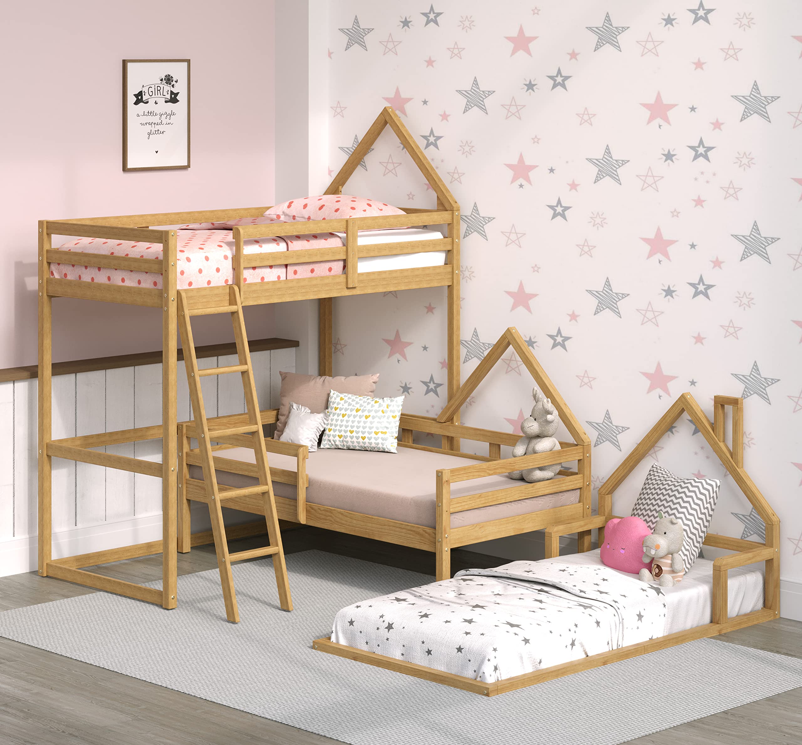 P'Kolino Casita Loft/Bunk Bed, Single Bed, Floor Bed Bundle - Solid FSC Certified Wood - Natural Wood