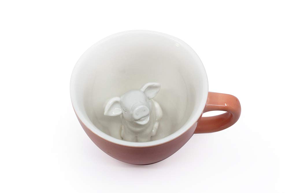 Creature Cups PIG Ceramic Cup (11 Ounce, Peach Exterior) - Hidden 3D Animal Inside Mug Emerges As You Drink - Piggy Farm Animal - Birthday, Holiday, Housewarming Gift for Coffee & Tea Lovers
