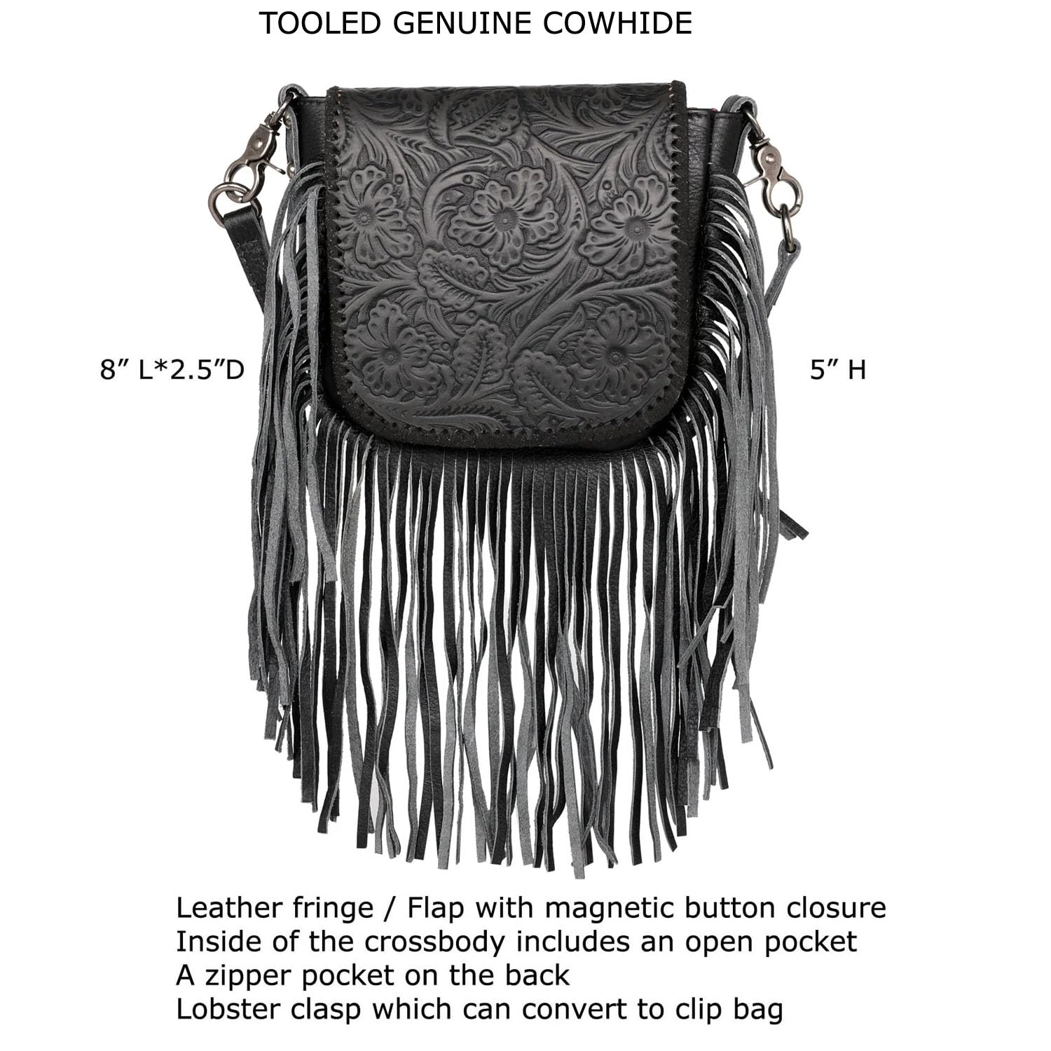 Montana West Handcrafted Leather Convertible Clutch Crossbody Handbag Biker Bag w Fringe (Black Studded w Buckle)