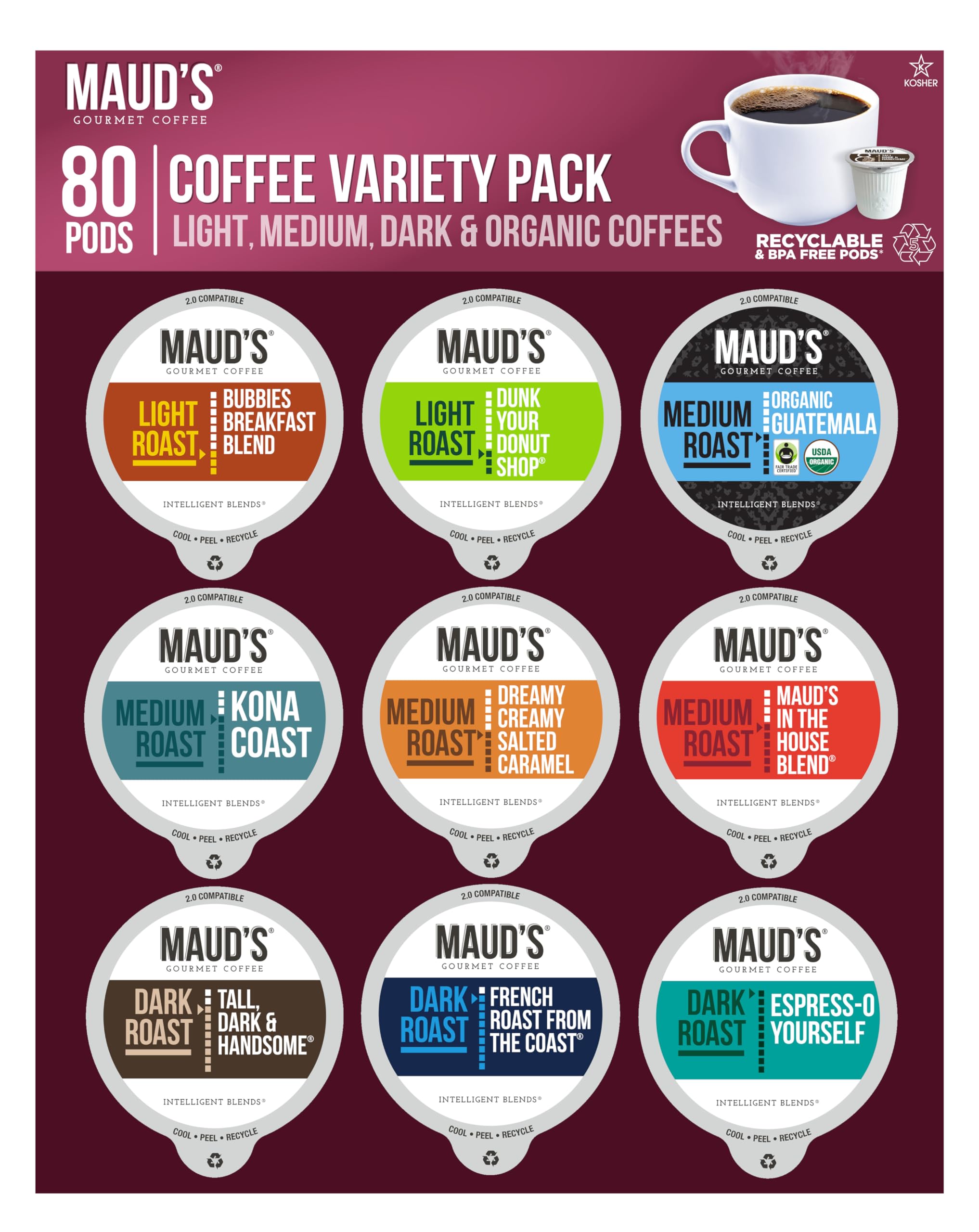 Maud's Original Flavored Coffee Pods Variety Pack, 80 ct | 9 Assorted Coffee Flavors | 100% Arabica Roasted Coffee | Solar Energy Produced Recyclable Pods Compatible with Keurig K Cups Maker