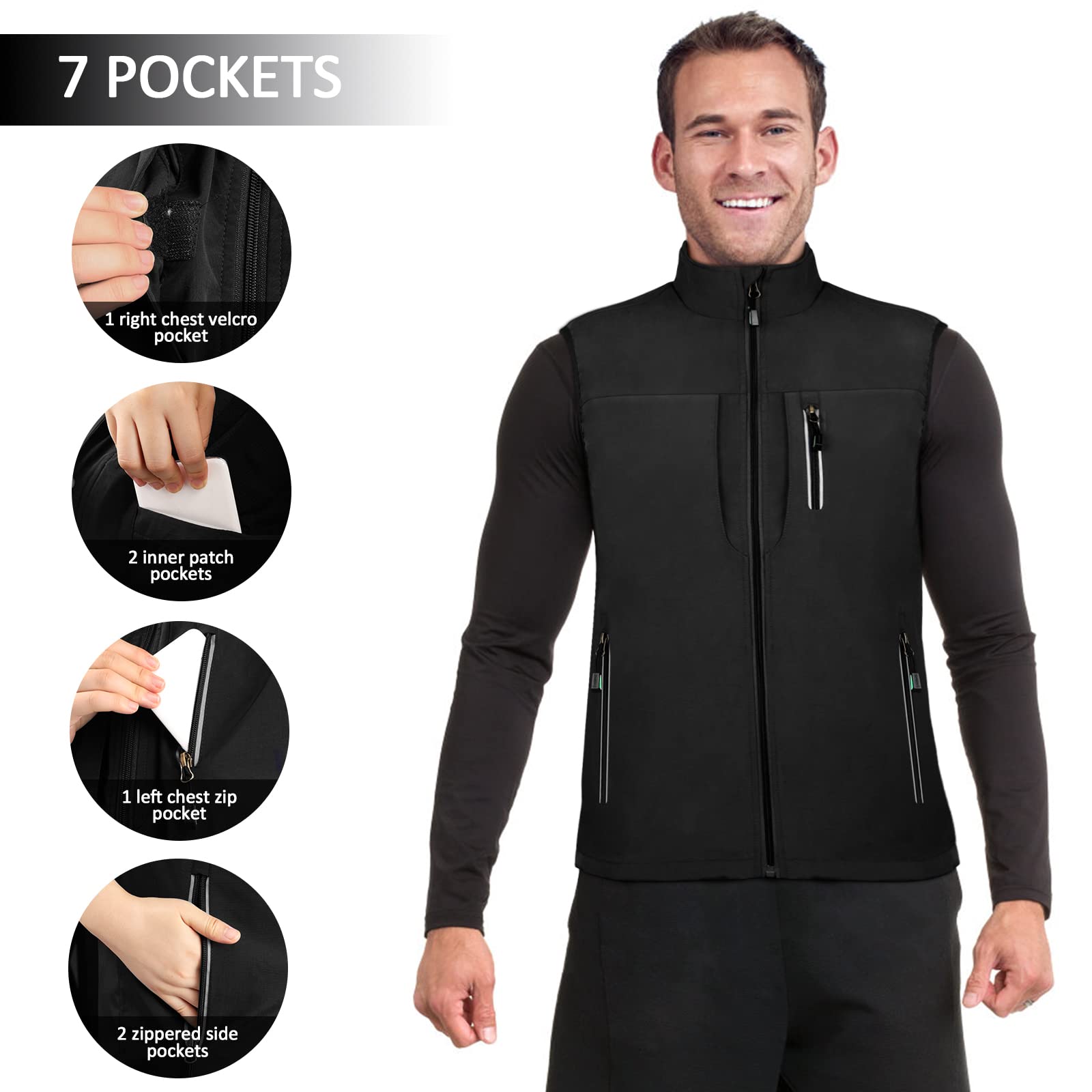 Clumor Men's Running Golf Vest Windproof Reflective Sports Outerwear Lightweight Softshell Short Sleeve Jacket for Cycling Hiking(3XL/Black