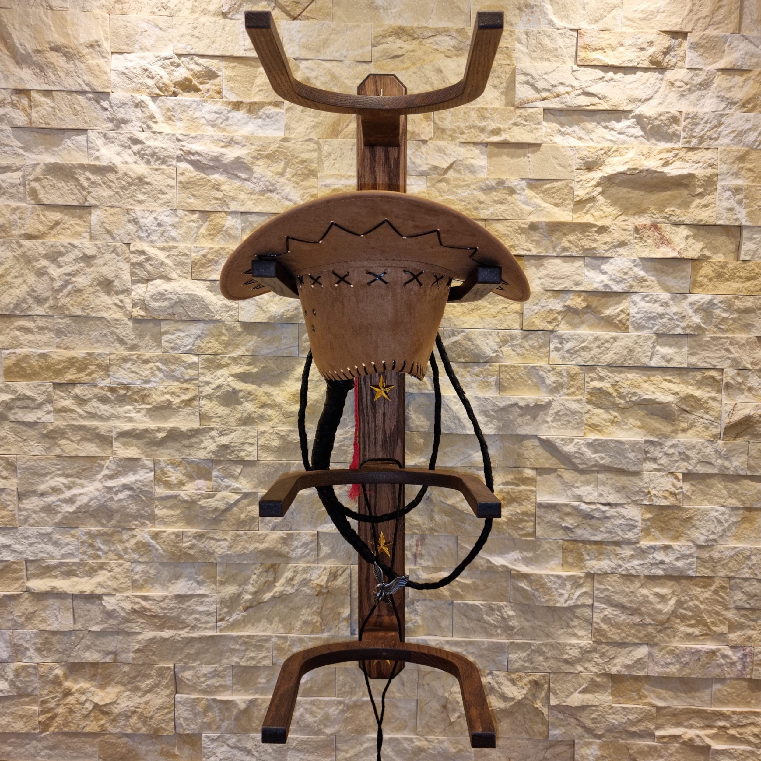 Cowboy Hat Rack - Made from Solid Oak - with Solid Copper 24 Carat Gold Plated Stars - 4 Hat Cowboy Hat Holder - No Veneer or Chipboard