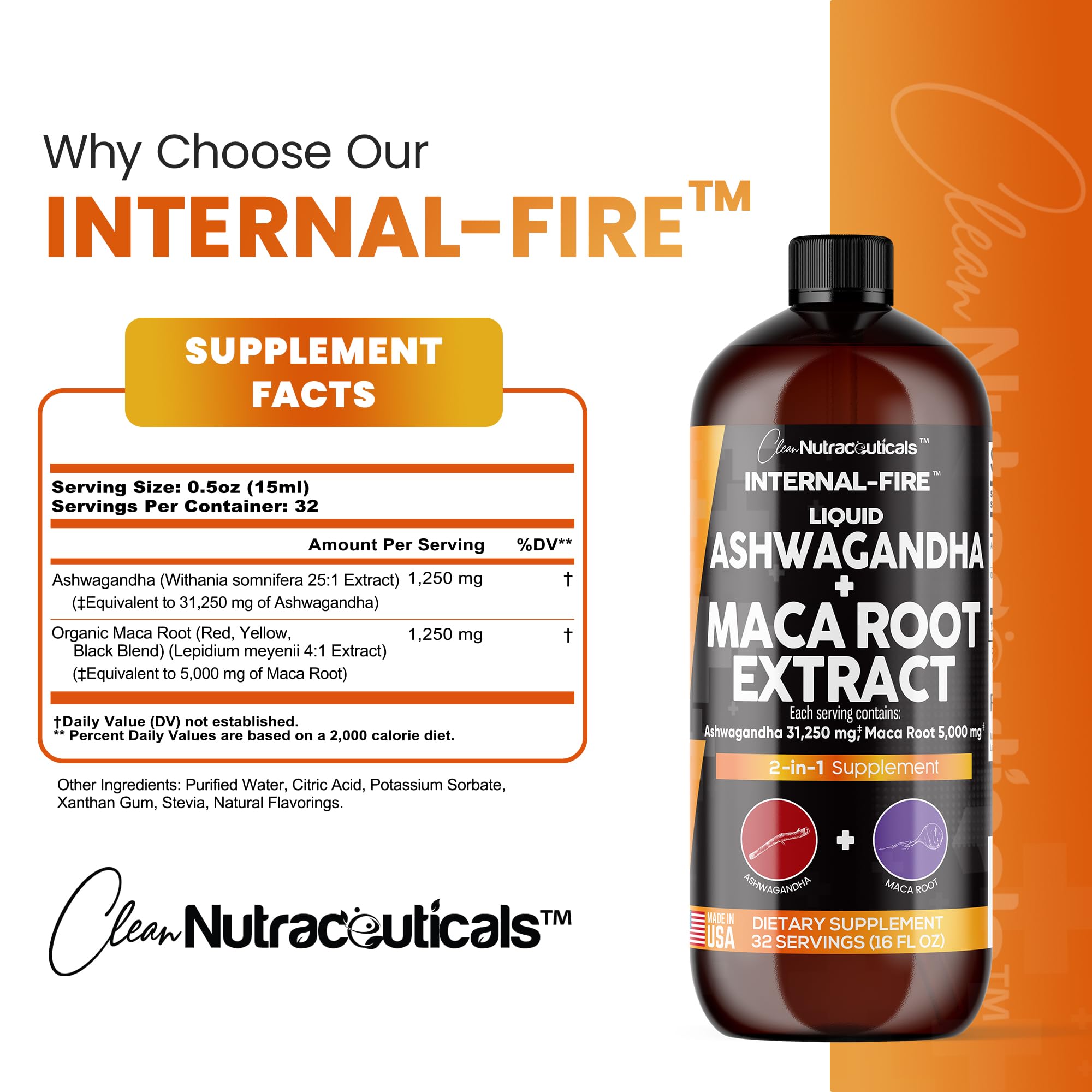 Clean Nutraceuticals Clean Ashwagandha Maca Root 5000mg Liquid Vitamin - Natural Stress Relief & Health Boost for Women Men - Alternative to Ashwagandha Gummies Capsules Powders Pills - 32 Servings